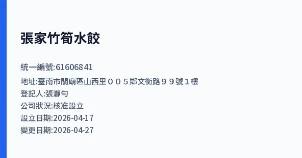 張家竹筍水餃的照片-統編 61606841(臺南市) 公司登記資料與營業項目詳細圖表