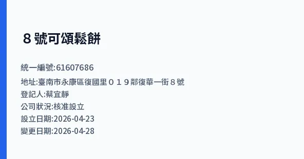 8號可頌鬆餅的照片-統編 61607686(臺南市) 公司登記資料與營業項目詳細圖表