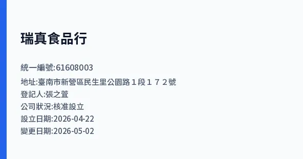 瑞真食品行的照片-統編 61608003(臺南市) 公司登記資料與營業項目詳細圖表