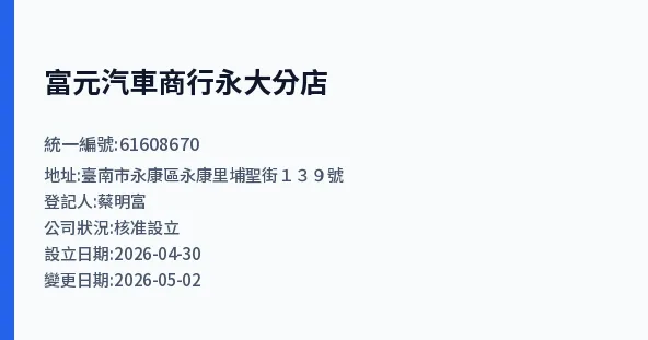 富元汽車商行永大分店的照片-統編 61608670(臺南市) 公司登記資料與營業項目詳細圖表