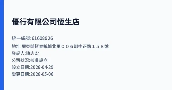 優行有限公司恆生店的照片-統編 61608926(屏東縣) 公司登記資料與營業項目詳細圖表