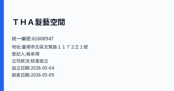 THA髮藝空間的照片-統編 61608947(臺南市) 公司登記資料與營業項目詳細圖表