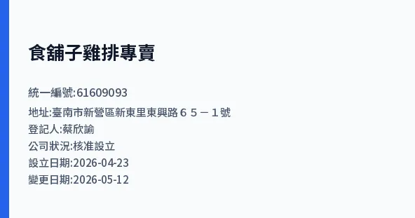 食舖子雞排專賣的照片-統編 61609093(臺南市) 公司登記資料與營業項目詳細圖表