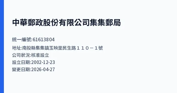 中華郵政股份有限公司集集郵局的照片-統編 61613804(南投縣) 公司登記資料與營業項目詳細圖表