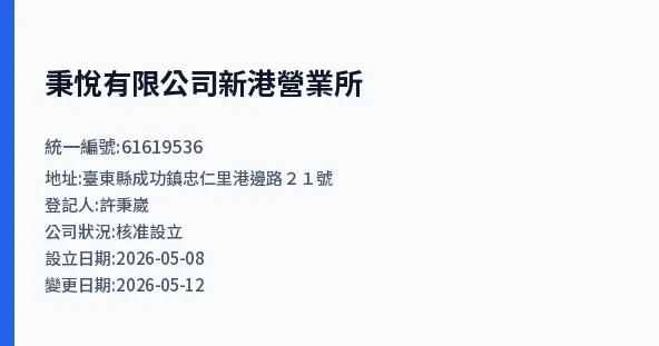 秉悅有限公司新港營業所的照片-統編 61619536(臺東縣) 公司登記資料與營業項目詳細圖表