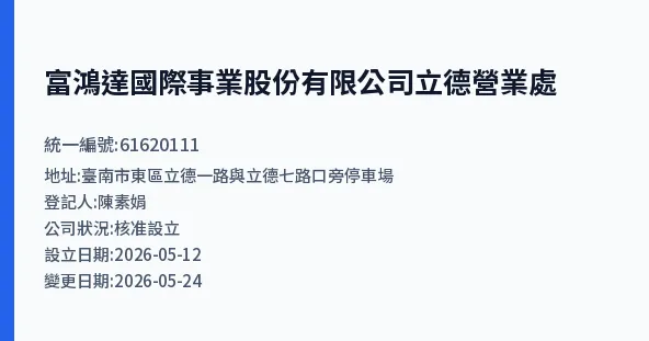富鴻達國際事業股份有限公司立德營業處的照片-統編 61620111(臺南市) 公司登記資料與營業項目詳細圖表