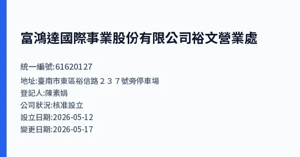 富鴻達國際事業股份有限公司裕文營業處的照片-統編 61620127(臺南市) 公司登記資料與營業項目詳細圖表