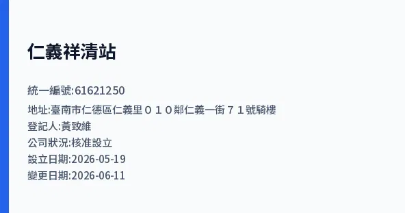 仁義祥清站的照片-統編 61621250(臺南市) 公司登記資料與營業項目詳細圖表
