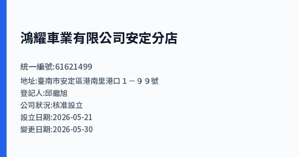 鴻耀車業有限公司安定分店的照片-統編 61621499(臺南市) 公司登記資料與營業項目詳細圖表