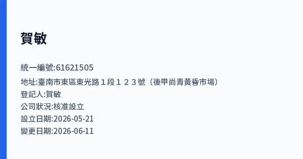 賀敏的照片-統編 61621505(臺南市) 公司登記資料與營業項目詳細圖表