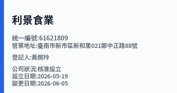 利景食業的照片-統編 61621809(臺南市) 公司登記資料與營業項目詳細圖表