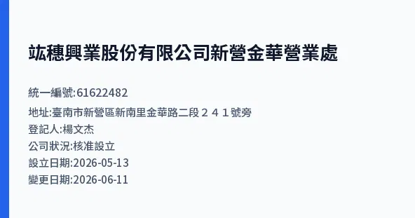 竑穗興業股份有限公司新營金華營業處的照片-統編 61622482(臺南市) 公司登記資料與營業項目詳細圖表
