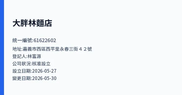 大胖林麵店的照片-統編 61622602(嘉義市) 公司登記資料與營業項目詳細圖表