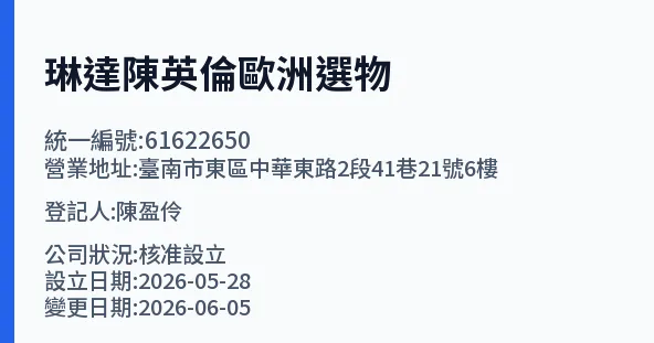 琳達陳英倫歐洲選物的照片-統編 61622650(臺南市) 公司登記資料與營業項目詳細圖表