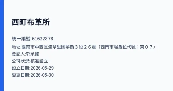 西町布革所的照片-統編 61622878(臺南市) 公司登記資料與營業項目詳細圖表