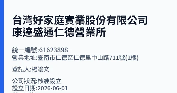 台灣好家庭實業股份有限公司仁德康達盛通營業所的照片-統編 61623898(臺南市) 公司登記資料與營業項目詳細圖表