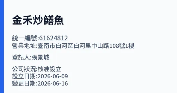 金禾炒鱔魚的照片-統編 61624812(臺南市) 公司登記資料與營業項目詳細圖表