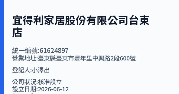 宜得利家居股份有限公司台東店的照片-統編 61624897(臺東縣) 公司登記資料與營業項目詳細圖表