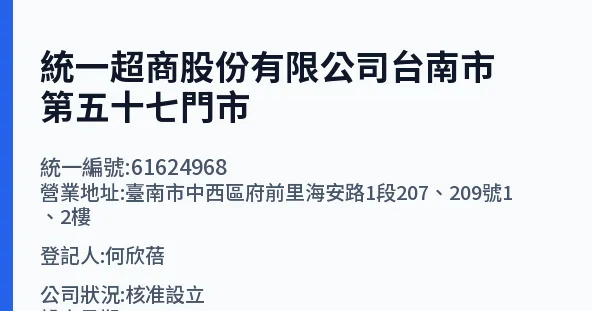 統一超商股份有限公司台南市第五十七門市的照片-統編 61624968(臺南市) 公司登記資料與營業項目詳細圖表