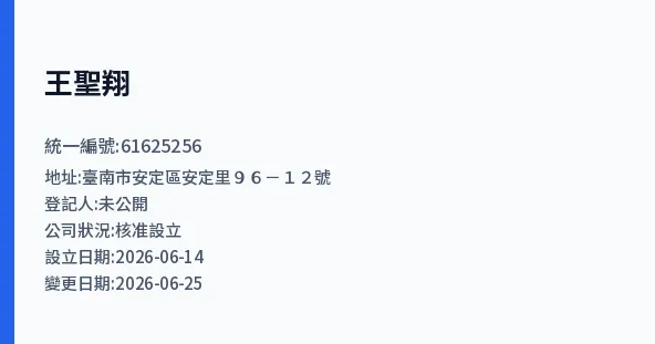 王聖翔的照片-統編 61625256(臺南市) 公司登記資料與營業項目詳細圖表