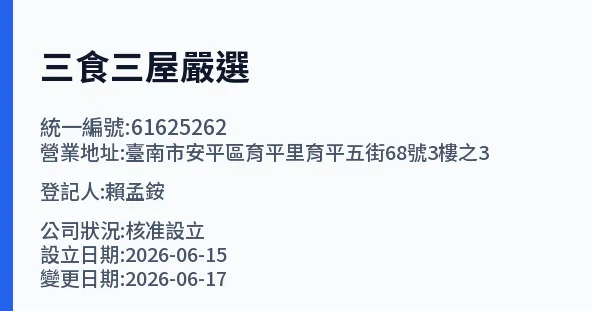 三食三屋嚴選的照片-統編 61625262(臺南市) 公司登記資料與營業項目詳細圖表