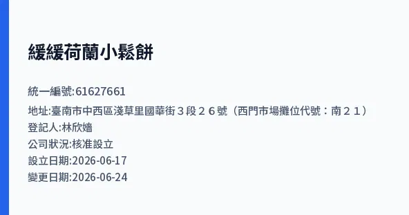 緩緩荷蘭小鬆餅的照片-統編 61627661(臺南市) 公司登記資料與營業項目詳細圖表