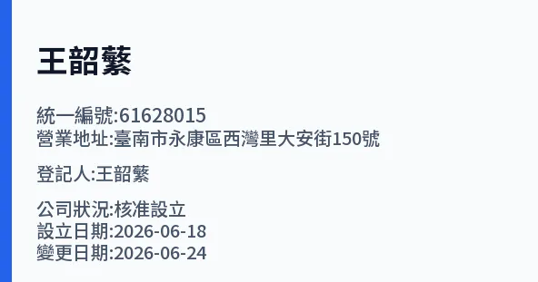 王韶蘩的照片-統編 61628015(臺南市) 公司登記資料與營業項目詳細圖表