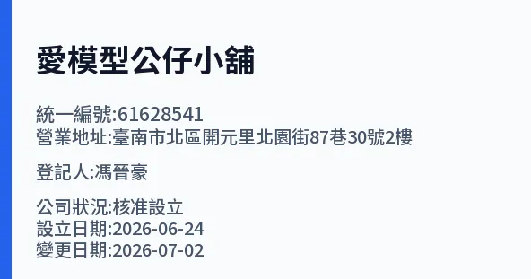 愛模型公仔小舖的照片-統編 61628541(臺南市) 公司登記資料與營業項目詳細圖表