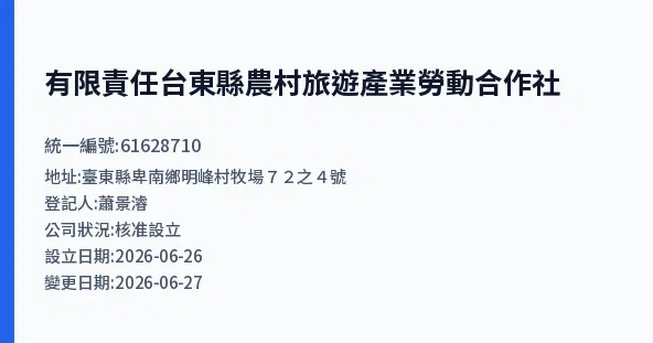 有限責任台東縣農村旅遊產業勞動合作社的照片-統編 61628710(臺東縣) 公司登記資料與營業項目詳細圖表