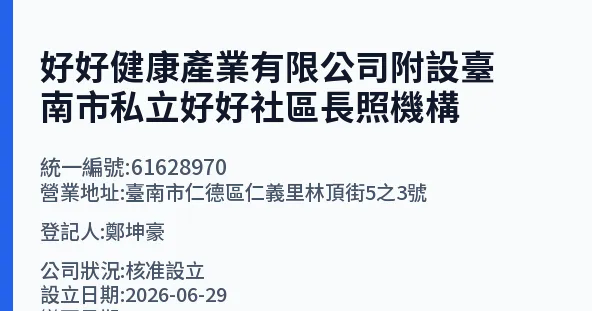 好好健康產業有限公司附設臺南市私立好好社區長照機構的照片-統編 61628970(臺南市) 公司登記資料與營業項目詳細圖表