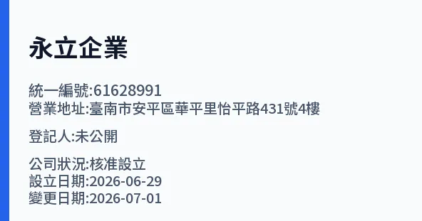 永立企業的照片-統編 61628991(臺南市) 公司登記資料與營業項目詳細圖表
