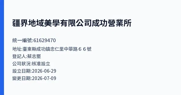 疆界地域美學有限公司成功營業所的照片-統編 61629470(臺東縣) 公司登記資料與營業項目詳細圖表
