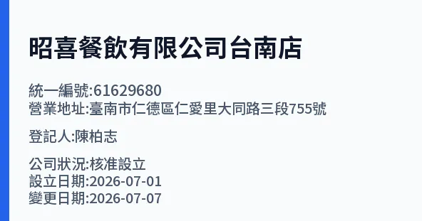 昭喜餐飲有限公司台南店的照片-統編 61629680(臺南市) 公司登記資料與營業項目詳細圖表