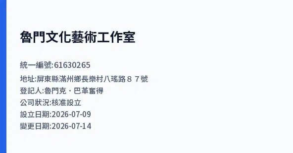魯門文化藝術工作室的照片-統編 61630265(屏東縣) 公司登記資料與營業項目詳細圖表