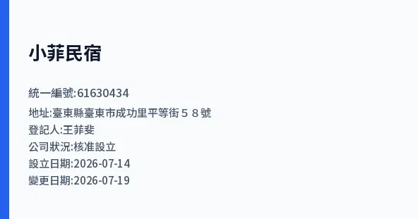 小菲民宿的照片-統編 61630434(臺東縣) 公司登記資料與營業項目詳細圖表