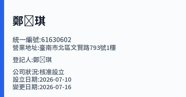 鄭亜琪的照片-統編 61630602(臺南市) 公司登記資料與營業項目詳細圖表