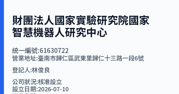 財團法人國家實驗研究院國家智慧機器人研究中心的照片-統編 61630722(臺南市) 公司登記資料與營業項目詳細圖表