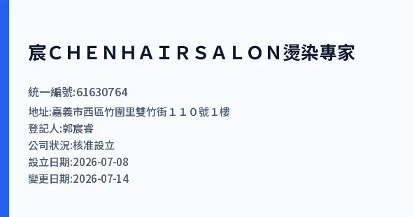 宸CHEN HAIR SALON燙染專家的照片-統編 61630764(嘉義市) 公司登記資料與營業項目詳細圖表