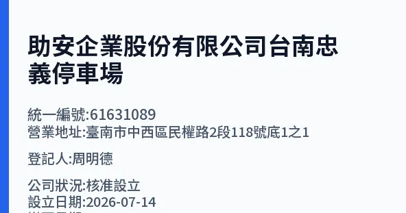 助安企業股份有限公司台南忠義停車場的照片-統編 61631089(臺南市) 公司登記資料與營業項目詳細圖表