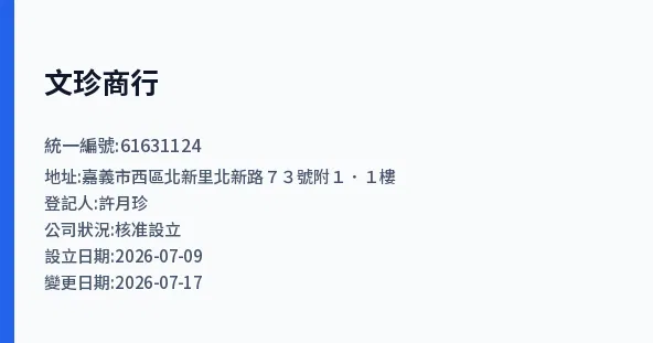 文珍商行的照片-統編 61631124(嘉義市) 公司登記資料與營業項目詳細圖表