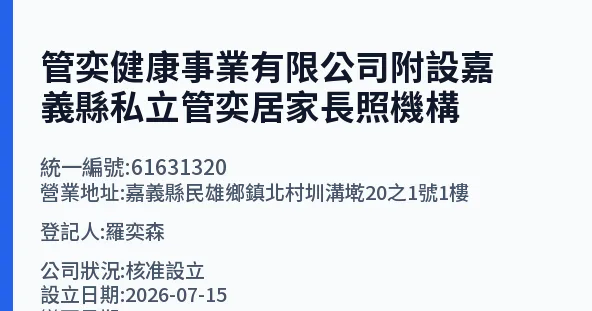 管奕健康事業有限公司附設嘉義縣私立管奕居家長照機構的照片-統編 61631320(嘉義縣) 公司登記資料與營業項目詳細圖表