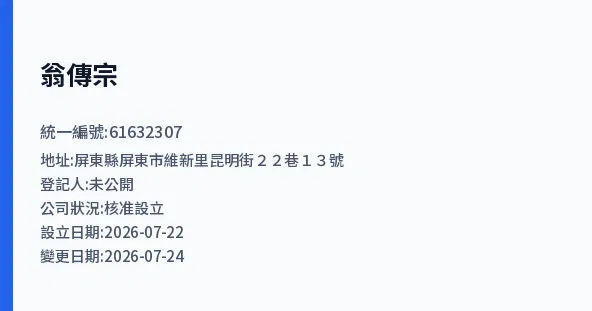 翁傳宗的照片-統編 61632307(屏東縣) 公司登記資料與營業項目詳細圖表