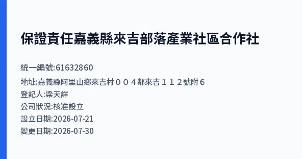 保證責任嘉義縣來吉部落產業社區合作社的照片-統編 61632860(嘉義縣) 公司登記資料與營業項目詳細圖表