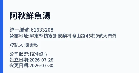 阿秋鮮魚湯的照片-統編 61633208(屏東縣) 公司登記資料與營業項目詳細圖表