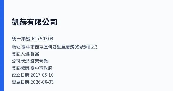 凱赫有限公司的照片-統編 61750308(臺中市) 公司登記資料與營業項目詳細圖表