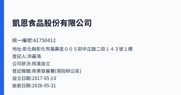 凱恩食品股份有限公司的照片-統編 61750412(彰化縣) 公司登記資料與營業項目詳細圖表