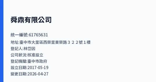 舜鼎有限公司的照片-統編 61765631(臺中市) 公司登記資料與營業項目詳細圖表