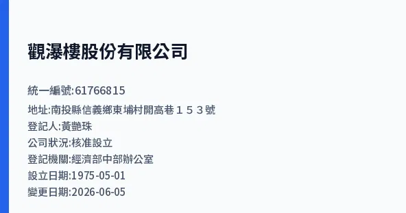 觀瀑樓股份有限公司的照片-統編 61766815(南投縣) 公司登記資料與營業項目詳細圖表