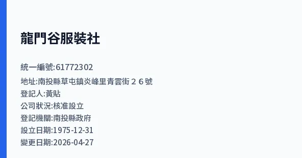 龍門谷服裝社的照片-統編 61772302(南投縣) 公司登記資料與營業項目詳細圖表