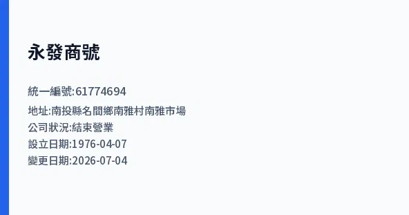 永發商號的照片-統編 61774694(南投縣) 公司登記資料與營業項目詳細圖表